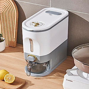 Sooyee 11 Lbs Rice Container, Large Grain Container Storage with Lid Measuring Cylinder Moisture Proof Household Cereal Dispenser Bucket for Kitchen Soybean Corn,White and Grey