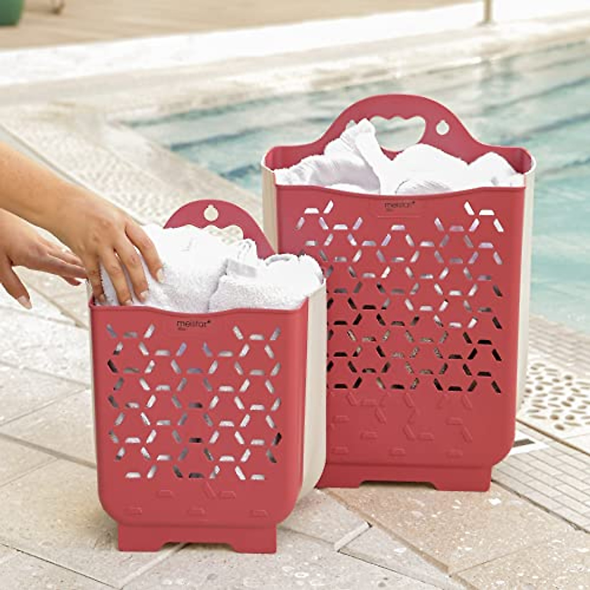 Foldable Plastic Laundry Baskets. Wall Hanging Storage Basket. Multi-function Storage Container Waterproof Durable for Bedroom and Bathroom (M&L, Red)