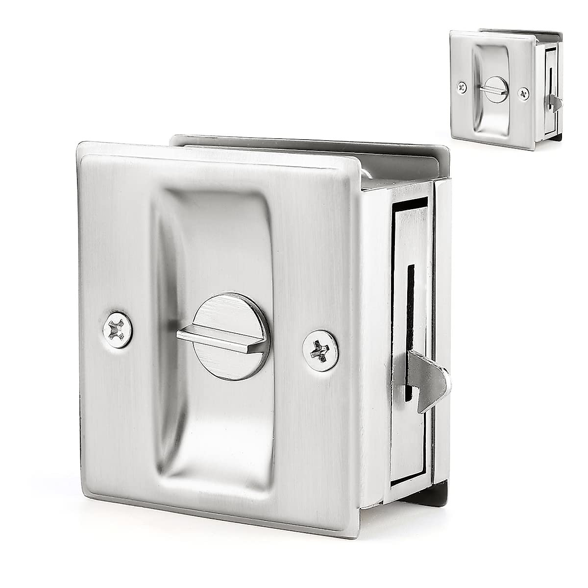 HOMOTEK 2 Pack Privacy Pocket Door Lock Hardware with Pull - Replace Old Or Damaged Sliding Door Locks Quickly and Easily, 2-3/4”x2-1/2”, for 1-3/8” Thickness Door, Brushed Nickel