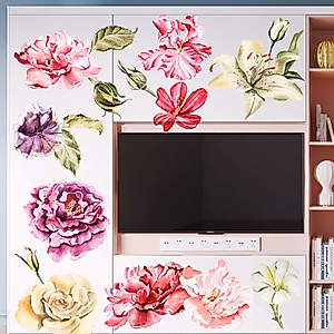 Amaonm Removable 3D Beautiful Pink Red Peony Flower with Green Plants Leaf Wall Decal Wall Stickers DIY Peel and Stick Art Decor for Kids Girls Bedroom Living Room Nursery Decoration (C)