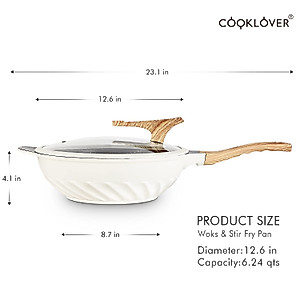 COOKLOVER Nonstick Induction Wok-12.6inch - White & 11 inch Nonstick Stir Fry Pan with Lid – White