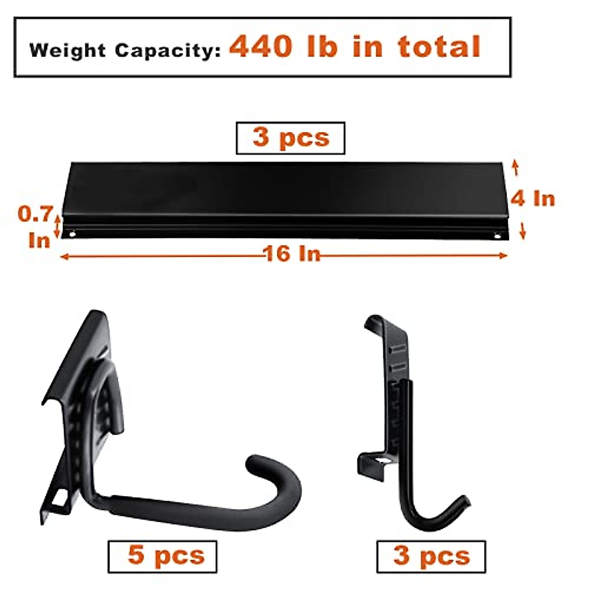 Wallmaster Bike Rack Garage Stand, Wall Mount 5 Bike Hanger Storage Organization, Vertical Bicycle Hooks for Indoor Space Saving (8 Hooks and 3 Rails)