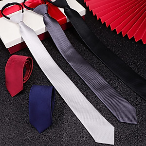 Xinnun 5 Pieces Mens Zipper Ties Pre Tied Adjustable Neckties Solid Color Skinny Necktie Thin Clip on Slim Tie for Office School Wedding Party Uniforms, Black, Navy, Gray, Silver Gray, Dark Red