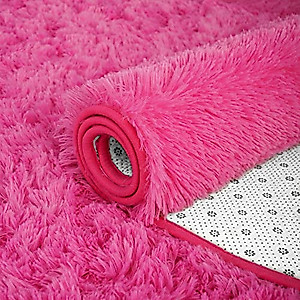 ISEAU Oval Fluffy Rug Carpets, Modern Plush Shaggy Area Rug for Kids Bedroom Extra Comfy Cute Nursery Rug Bedside Rug for Boys Girls Room Home Decor Mats, 2.6 x 5.3ft, Hot Pink