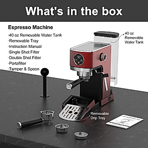 DRAGONBALL Espresso Machine, 1350W Cappuccino Machine, Small Espresso Machine with 40 oz Removable Water Tank, Espresso Coffee Maker for Latte, Cappuccino, Red