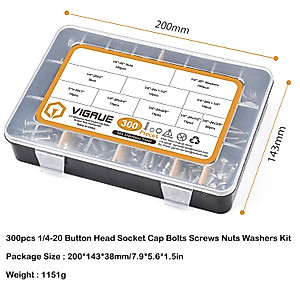 1/4-20 Hex Button Head Cap Screw, VIGRUE 300pcs 304 Stainless Steel UNC Hexagon Bolts Flat Washers Nuts Assortment Kit Machine Screws Set, 8 Sizes (Length from 3/8" to 2")