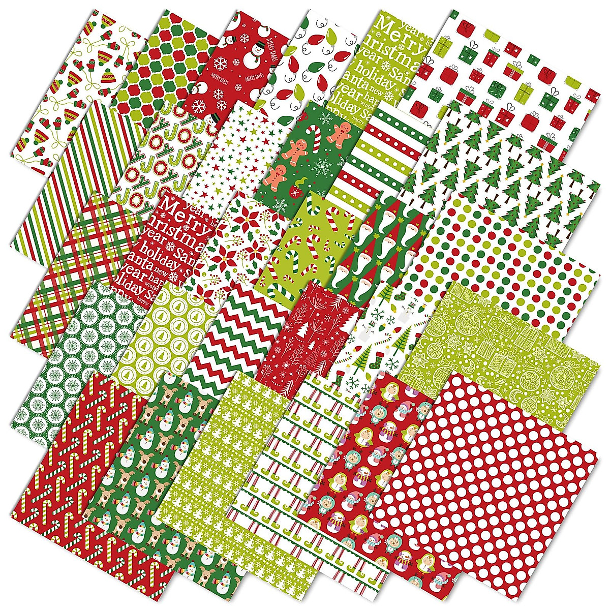 JarThenaAMCS 60Pcs Christmas Cotton Fabric Bundles 10 x 10 Inch Xmas Tree Snowflake Santa Gingerbread Fat Quarters Red Green White Sewing Fabrics for Xmas Winter DIY Craft Party Decor