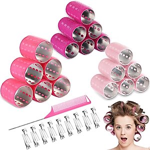 37 Pcs Aluminum Thermal Hair Rollers Set 3 Sizes Self Grip Hair Rollers 18 Pcs Duckbill Clips, Comb Hairdressing Styling Tool, Random Color for Women, Men(1.1,Pink Series)