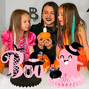 Halloween Party Honeycomb Centerpieces 12Pcs Happy Halloween Party Decorations for Girls Pink and Black Halloween Theme Centerpieces for Ghost Pumpkin Bat Witch Theme Party Baby Shower Supplies