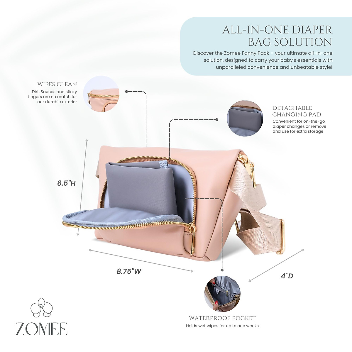 Zomee Multi-Functional Fanny Pack for Wearable Breast Pumps and Portable Diaper Changing Mat- Eco-Friendly and Stylish (TAN)