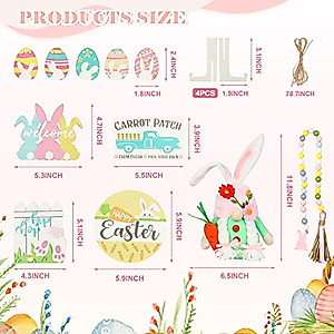 17PCS Easter Tiered Tray Decor Bunny Gnome DIY Wooden Signs Decor With Cute Beads For Home House Room Table Shelf Easter Decorations (Easter)