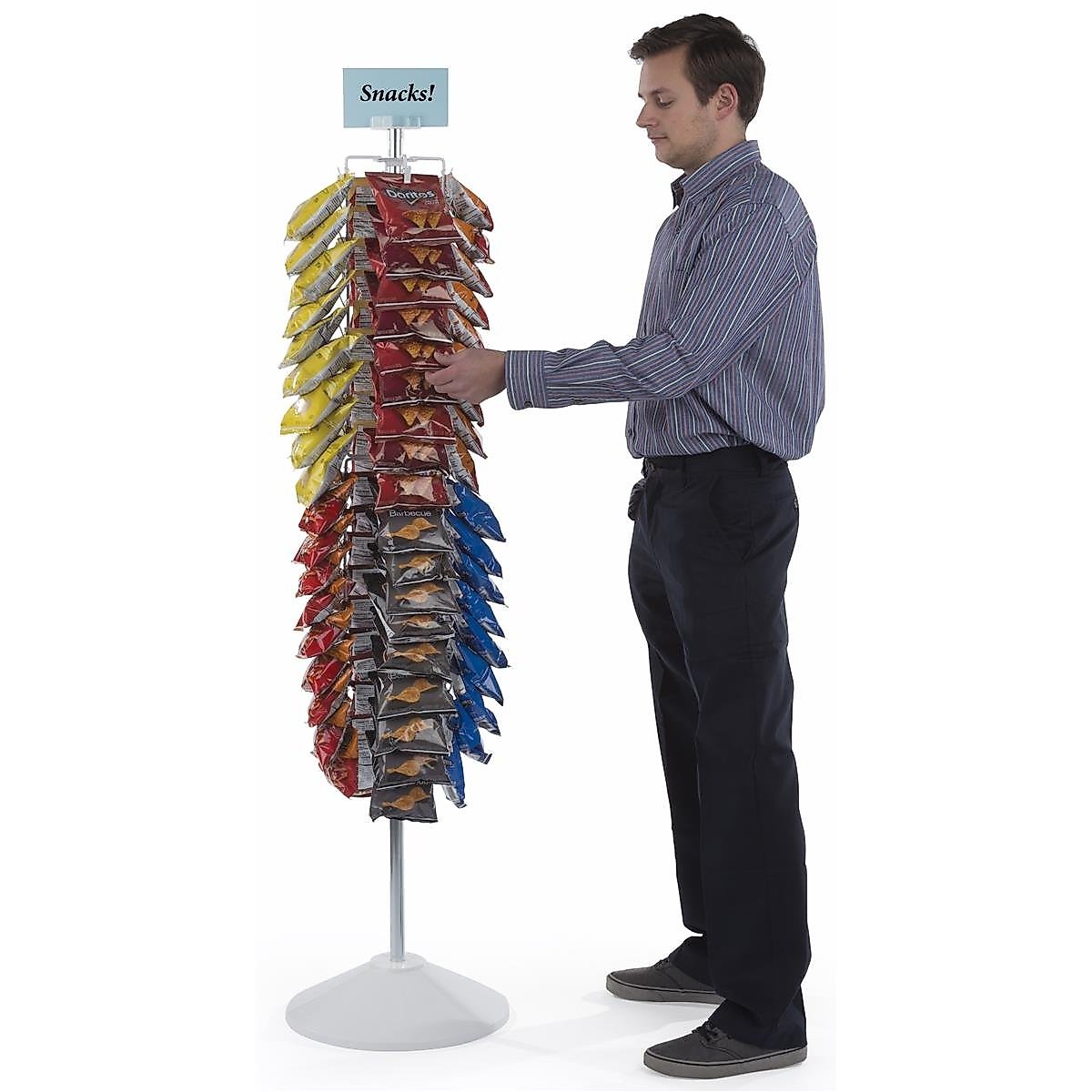 Displays2go Chip Display Stand, 72 Clip Spinner Design, Top Carousel Plastic Header - White (CCFR72WH)