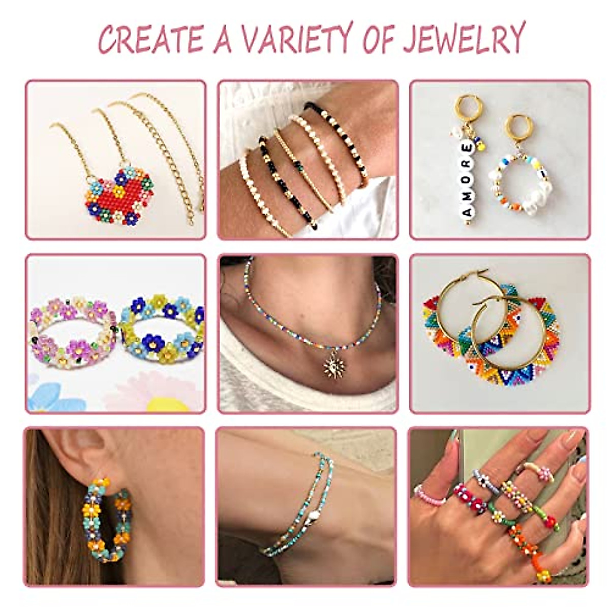 UOONY 35000pcs 2mm Glass Seed Beads for Jewelry Making Kit, 250pcs Alphabet Letter Beads, Tiny Beads Set for Bracelets Making, DIY, Art and Craft with Rolls of Elastic String Cord, Charms and Rings