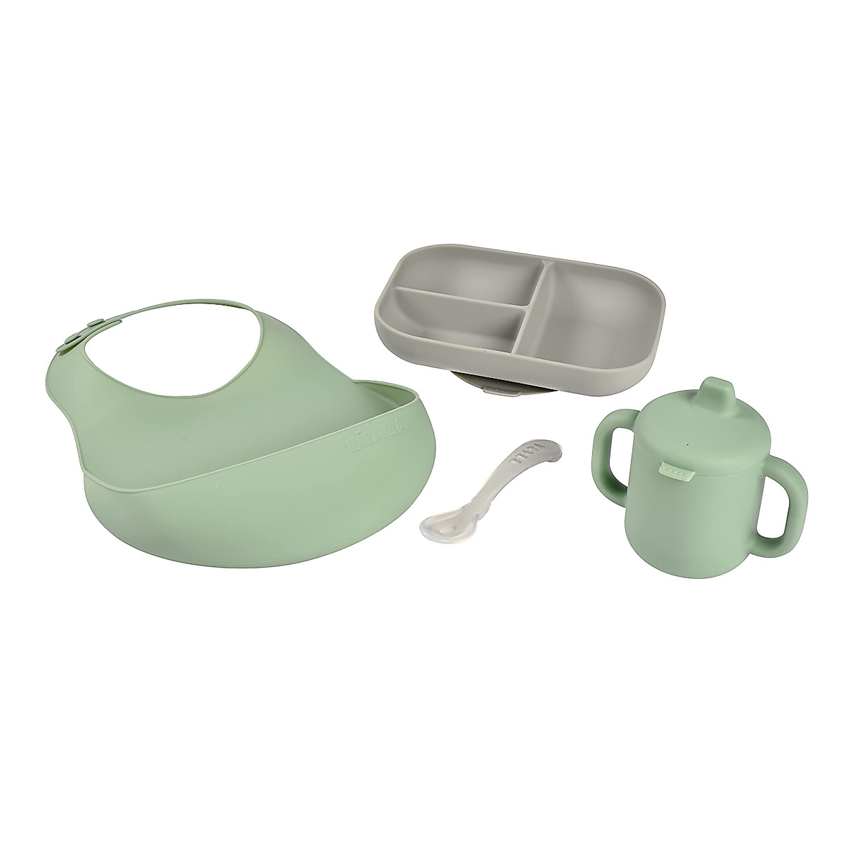BEABA The Essentials Silicone Meal Set of 4, 100% Silicone Baby Plate Set - Dishwasher Safe, Soft, Unbreakable - Includes Siicone Plate, Sippy Cup, Bib and Spoon, Grey/Sage