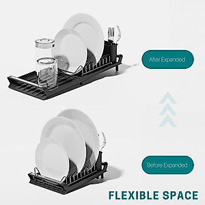 E-ROOM TREND Extendable Dish Drying Rack, Multifunctional Dish Rack for Kitchen Counter, Anti-Rust Drying Dish Rack with Cutlery Holders 18.6" L x 7.9" W, Black(DR402B)
