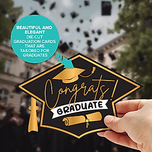 Decorably 20 Pack Gold Foiled & Glittery Graduation Cards 2024 with Envelopes & Stickers - 5 Die-Cut Designs College Graduation Card Pack, Graduation Cards Pack, 6.5x4.5in Grad Cards Pack
