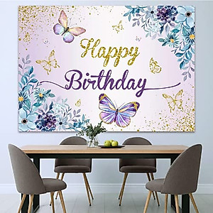 7x5ft Butterfly Happy Birthday Backdrop Purple Butterfly Kisses and Bday Wishes Butterflies Blue Floral Gold Spots Flowers Photography Background for Princess Girl Party Decoration Banner Photo Booth