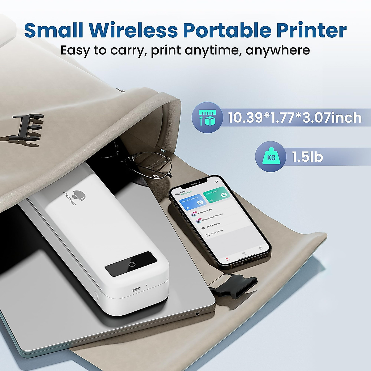 Phomemo Portable Printers Wireless for Travel, Inkless Printer Thermal M835, Mobile Printer Bluetooth Support 8.5"/A4/4.33"/3.15"/2.08" Thermal Paper Roll, Compact Printer Compatible with iOS&Android