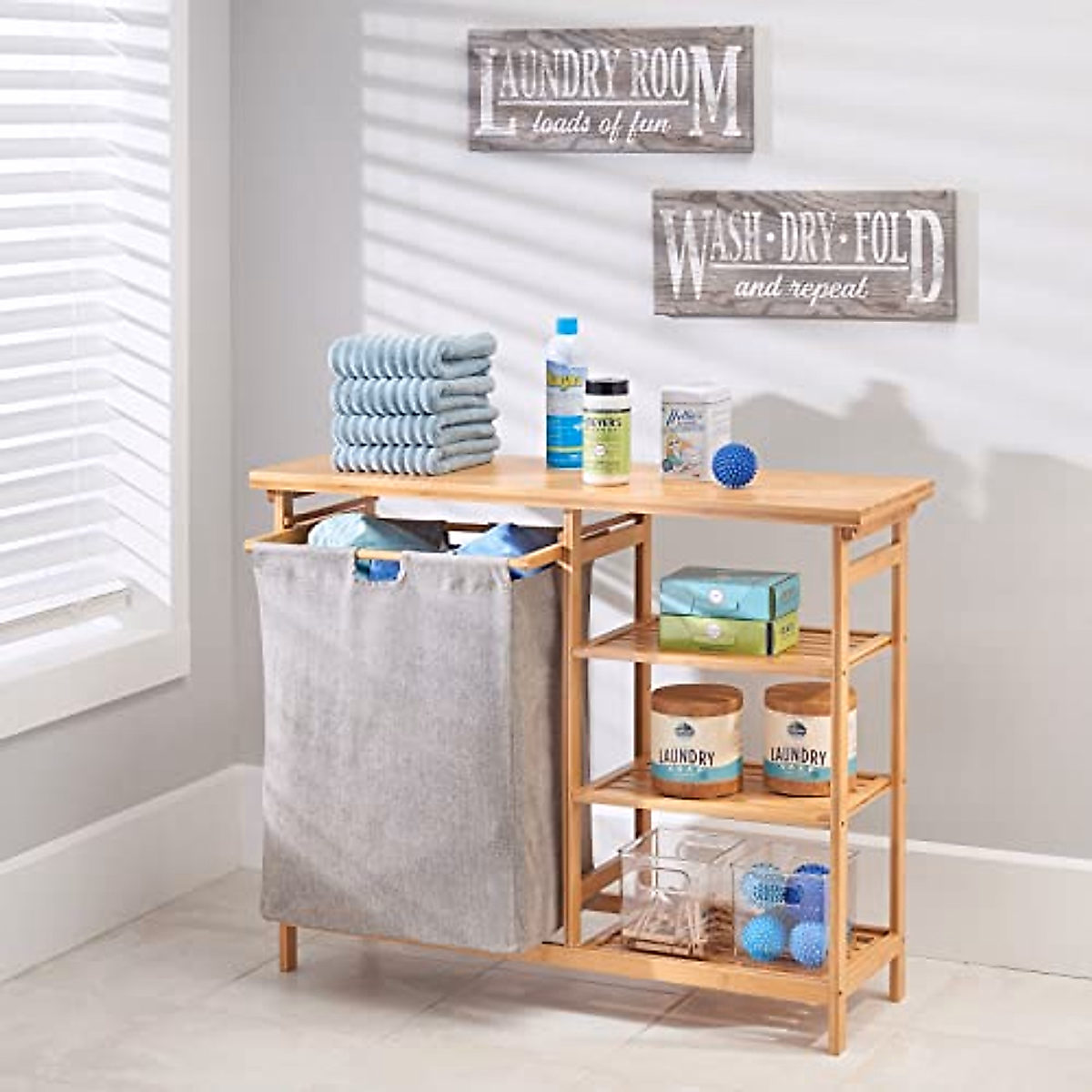 mDesign Bamboo Freestanding Laundry Hamper Basket Table - Storage Shelves for Folding Clothes and Organizing Detergent, Fabric Softener, Bleach, Dryer Sheets - Echo Collection - Natural