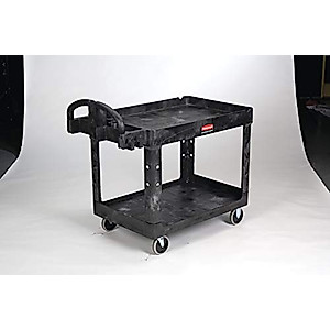 Rubbermaid Commercial Products 2-Shelf Utility/Service Cart, Medium, Flat Shelves, Ergonomic Handle, 500 lbs. Capacity, for Warehouse/Garage/Cleaning/Manufacturing (FG452500BLA)