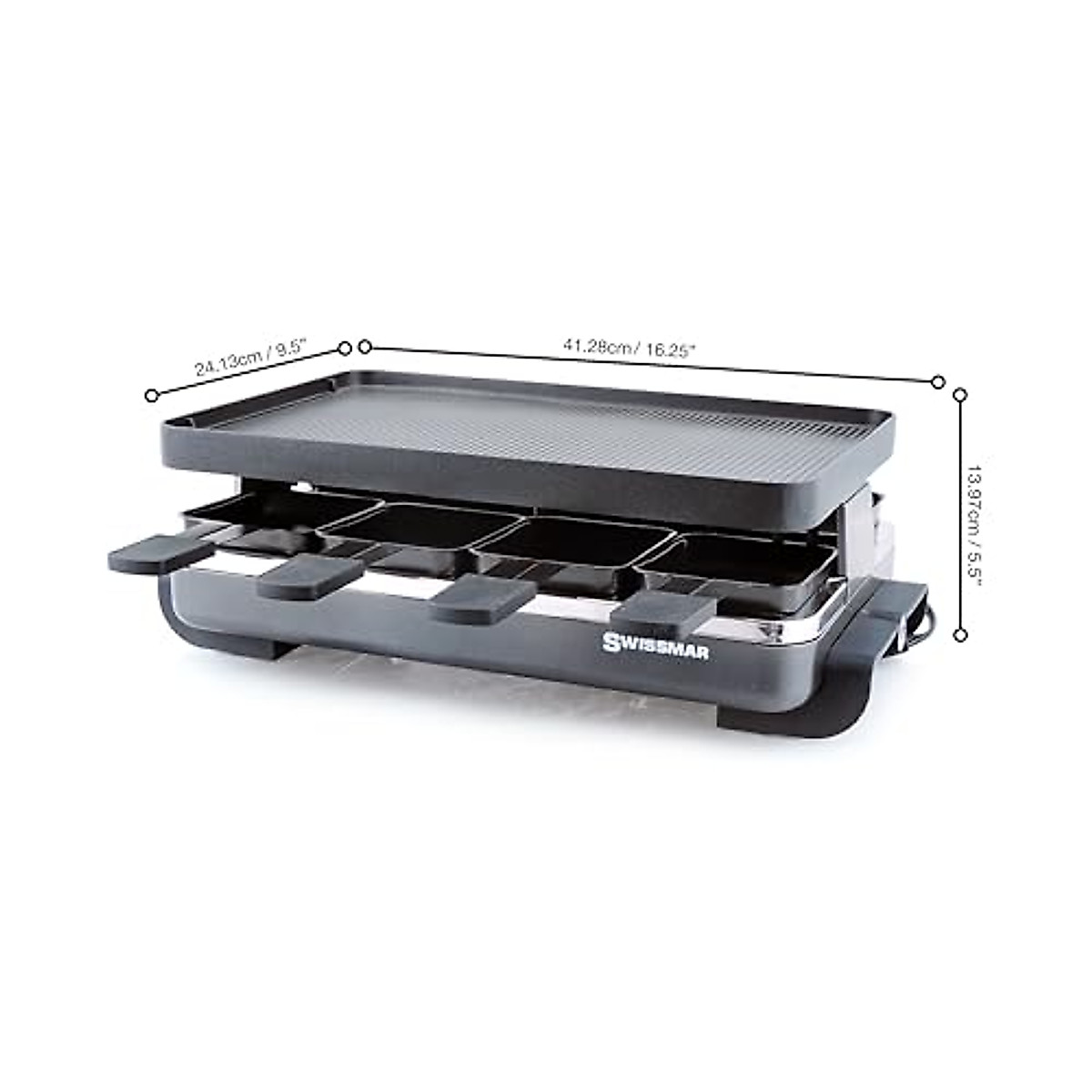 Swissmar KF-77041 Classic 8-Person Raclette Party Grill with Reversible Cast Aluminum Non-Stick Grill Plate/Crepe Top, Black