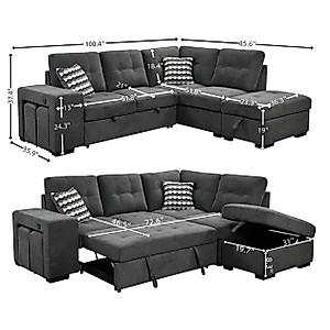THSUPER 100 inch Linen Sectional Sleeper Sofa with Pull Out Bed, L Shaped Convertible Sectional Sleeper Couch with Storage Ottoman, 2 Foot Stool and USB Ports, Dark Gray