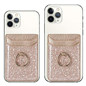 TOPWOOZU Phone Card Holder with Ring Grip for Back of Phone,Adhesive Stick-on Credit Card Wallet Pocket for iPhone,Android and Smartphones (Pink)