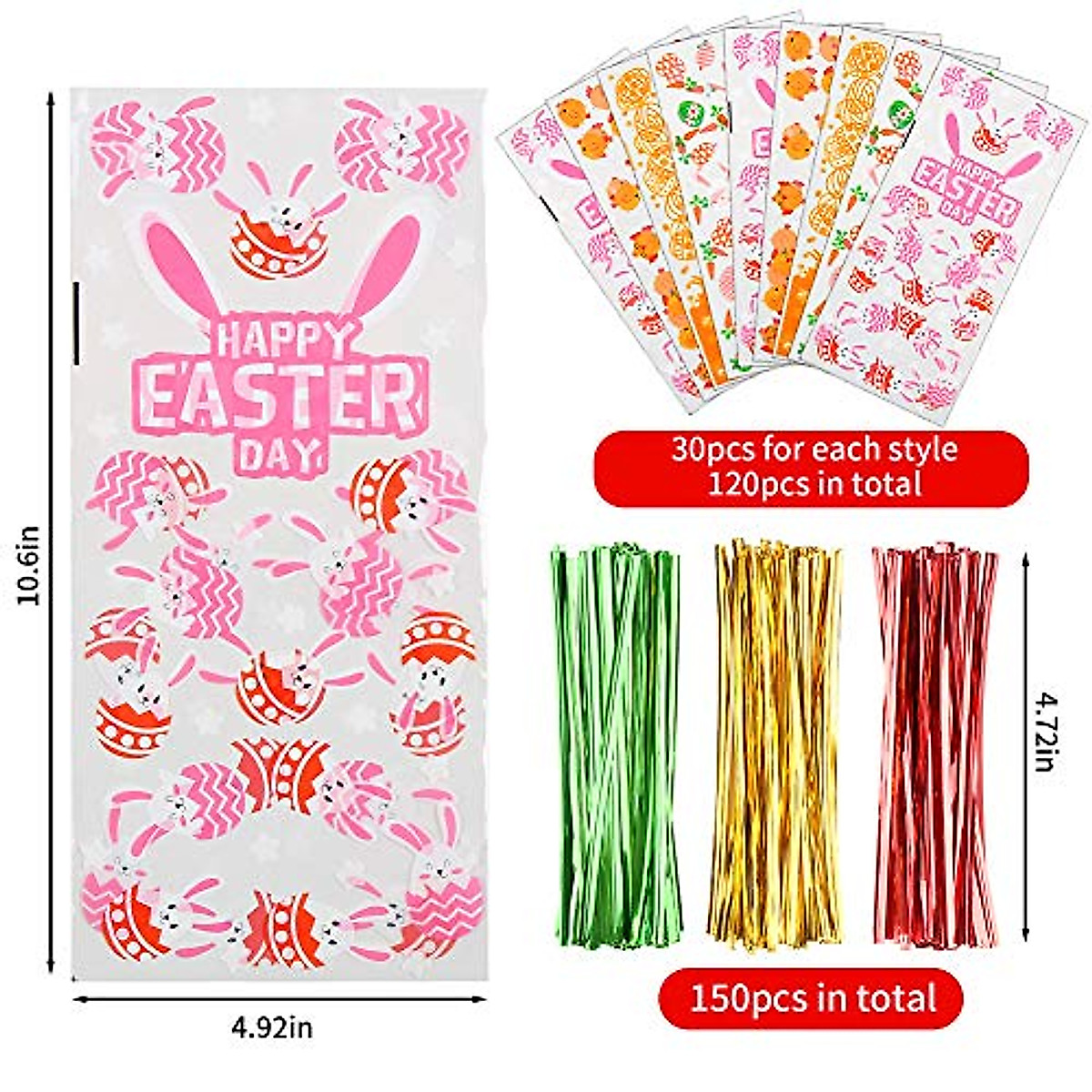 CCINEE 120PCS Easter Treat Bags,Cellophane Cookie Bags with Twist Ties Egg Bunny Candy Bags for Kids Easter Party Supply