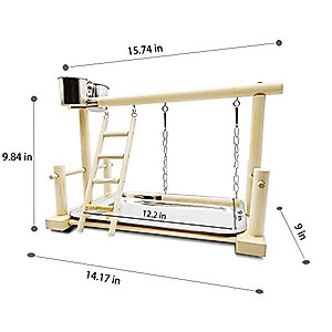 Bird Perch Parrot playstand Wood Perch Gym Cockatiel Swing Ladder with Feeder Cups Toys 14.1in×9.8in×9in