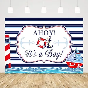 ABLIN 7x5ft Ahoy Nautical Boy Baby Shower Backdrop It's a Boy White Blue Stripes Marine Sea Lighthouse Ship Background Newborn Baby Gender Reveal Party Decor Banner Photo Booth Props