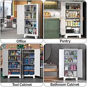 PAOFIN White Metal Kitchen Storage Cabinet, Kitchen Pantry Storage Cabinet with Doors and Shelves, Storage Cabinet with Adjustable Leveling Foot for Kitchen, Living Room and Dining Room. 61" H