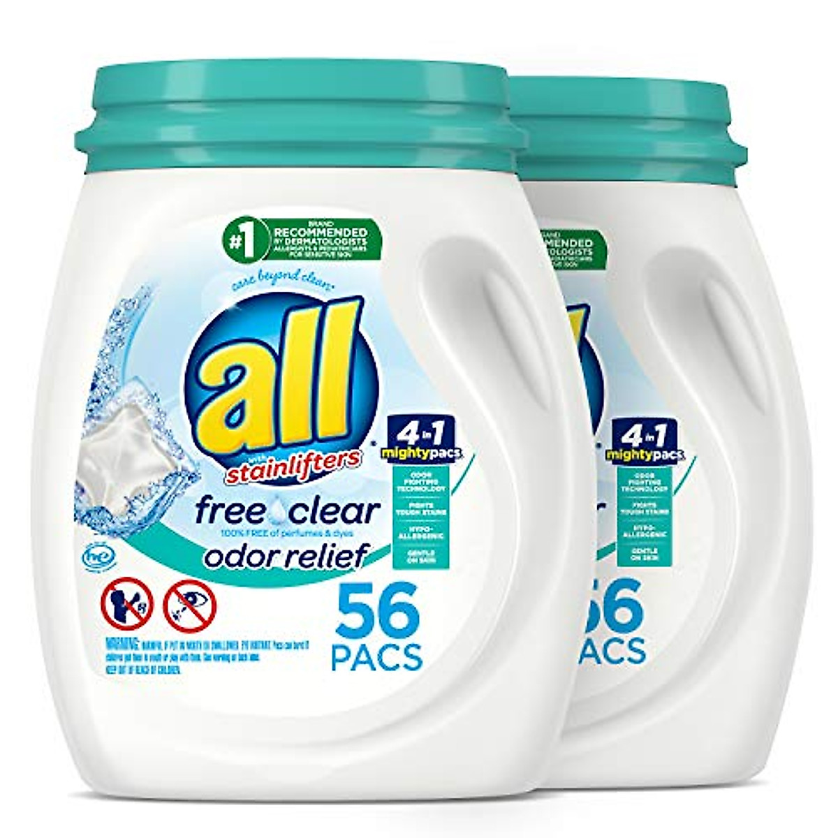 All Mighty Pacs Laundry Detergent, Free Clear Odor Relief, Tub, 56 Count (Pack of 2), 112 Total Loads