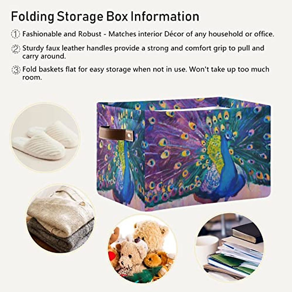 Kigai Peacock Oil Painting Foldable Storage Basket for Shelves, Collapsible Sturdy Storage Bin with Handles, Canvas Storage Cube for Organizing Closet