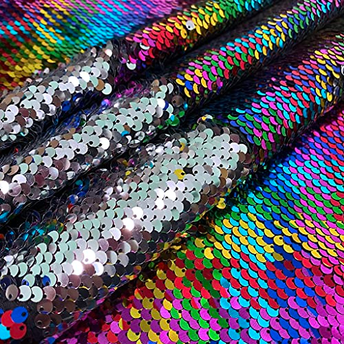 Reversible Sequin Fabric by The Yard Rainbow to Silver Flip Up Sequins Rainbow Two Tone Changing Color Fabric Glitter Fabric for Sewing Rainbow Mermaid Fabric