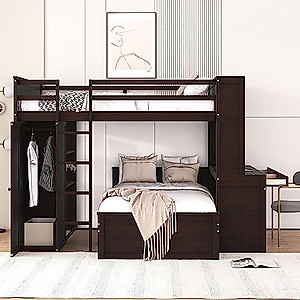 SOFTSEA Full Over Twin Bunk Bed with Desk, Full Size Loft Bed with Wardrobe and Storage, Wood Loft Bed with Stand-Alone Bed for Kids Teens (Espresso)