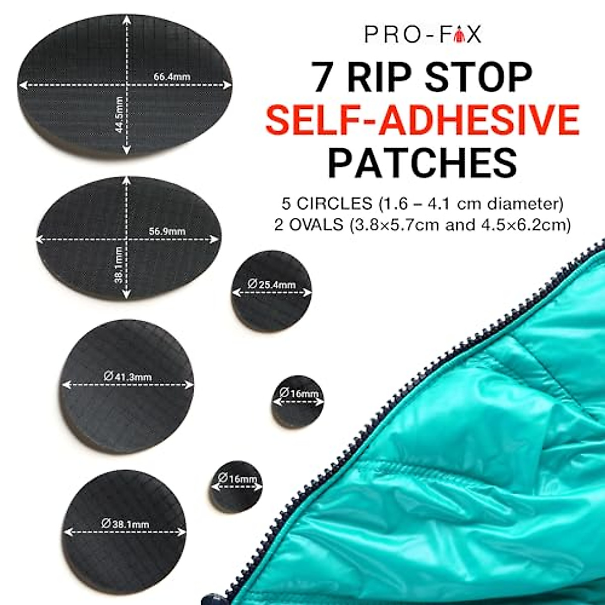 Pro-Fix Down Jacket Repair Patches Easy to Use, Pre-Cut, Self-Adhesive, Waterproof, Tear-Resistant Rip-Stop Nylon Fabric Patches for Jackets & Patches for Clothing, Down Jacket Patches - Black