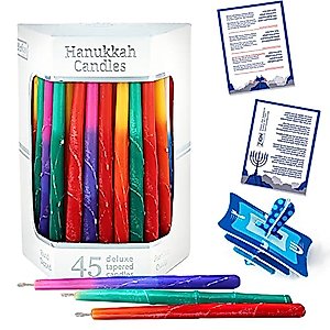 Deluxe Dripless Hanukkah Candle Set of 45 Premium Colorful Thin Tapered Candles for Standard Chanukah Menorah, Birthday Party, Celebrations Frosted Tri Color Candles by Aviv Judaica