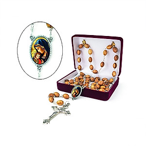 Our Lady of Perpetual Help, Wooden Catholic Rosary Necklace from Israel, Olive Wood Rosary Beads with Icon Portrait & Crucifix Cross Pendant, Confirmation & Communion Rosaries for Men & Women