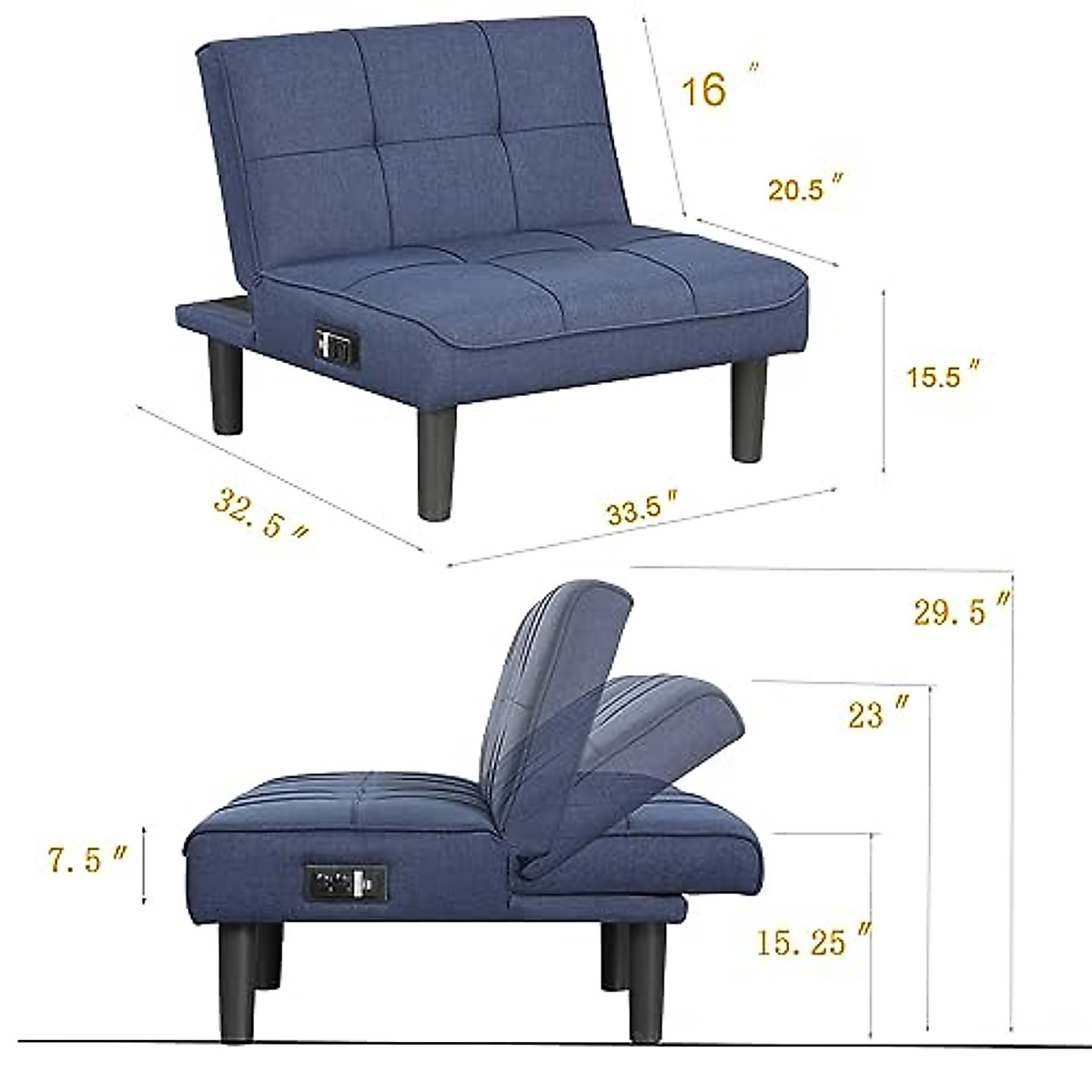 JUBILOOM Comfy Mini Couches, Small Recliner Futon with Adjustable Backrest (USB Ports), Single Mini Couch Small Space, Recliner Chairs for Living Room, Bedroom, Home, Blue, 1Pack, 306BL1USB