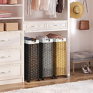 Greenstell Laundry Hamper with Wheels, 45L Slim Laundry Basket with 2 Removable Liner Bags & 2 Mesh Bags, Narrow Dirty Clothes Basket, Handwoven Rattan Organizer in Bathroom, Bedroom, Natural