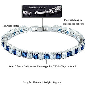 RIZILIA Ice Cube Princess Cut Simulated Blue Sapphire CZ 18K White Gold Plated Tennis Bracelet, 7"