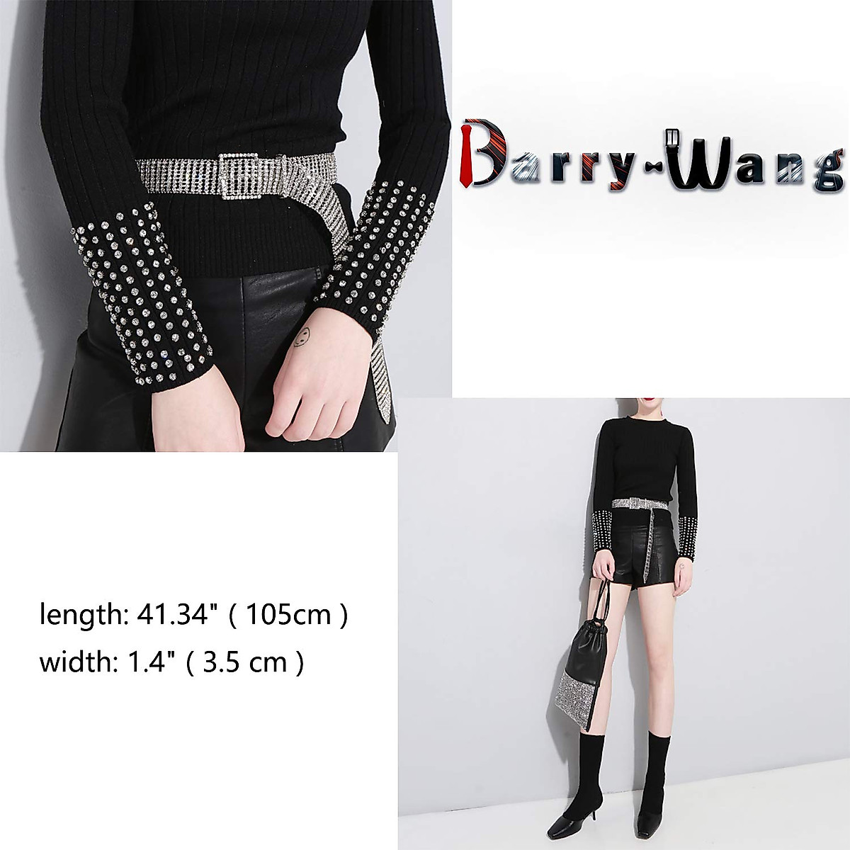 Barry.Wang Rhinestone Belt for Women Western Cowgirl Bling Studded Silver Diamond Belt for Jeans Pants Sash Body Chains