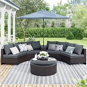Merax Outdoor Sectional Half Patio Rattan PE Wicker Conversation Sofa Set, Storage Side Umbrella and One Multifunctional Round Table, Brown+ Gray