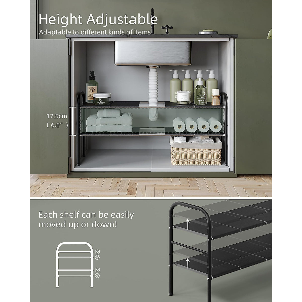 NETEL Under Sink Organizers and Storage, 2 Tier Expandable Under Cabinet Organizer Shelf with 8 Removable Panels,Expandable Shelf for Cupboard,Kitchen,Bathroom,Shoe Storage Rack