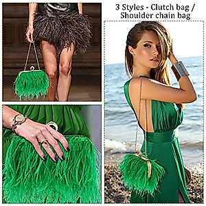2pcs Women's Real Natural Ostrich Feather Tote Evening Bag and Ostrich Feather Earrings Feather Clutch Long Dangle Earring for Women Girl (Green)