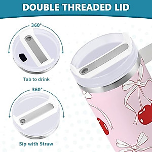 OTVEE 30oz Cherry Bow Tie Ribbon Tumbler with Handle and Straw, Double Wall Vacuum Reusable Stainless Steel Insulated Water Bottle Travel Mug Cup for Hot and Cold Drinks