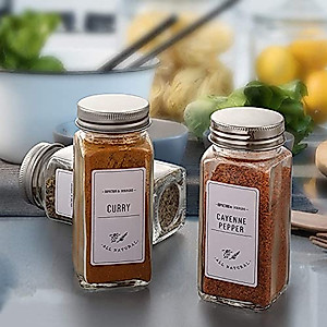 AOZITA 24 Pcs Glass Spice Jars with White Printed Spice Labels - 4oz Empty Square Spice Bottles - Shaker Lids and Airtight Metal Caps - Silicone Collapsible Funnel