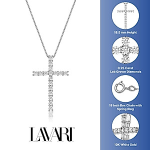 Lavari Jewelers 1/4 Carat Lab Grown Diamond Cross Pendant Necklace for Women - 10k White Gold Pendant - 18 Inch Long Chain Necklace (G-H, VS2-SI1, 0.25 cttw) Spring Ring