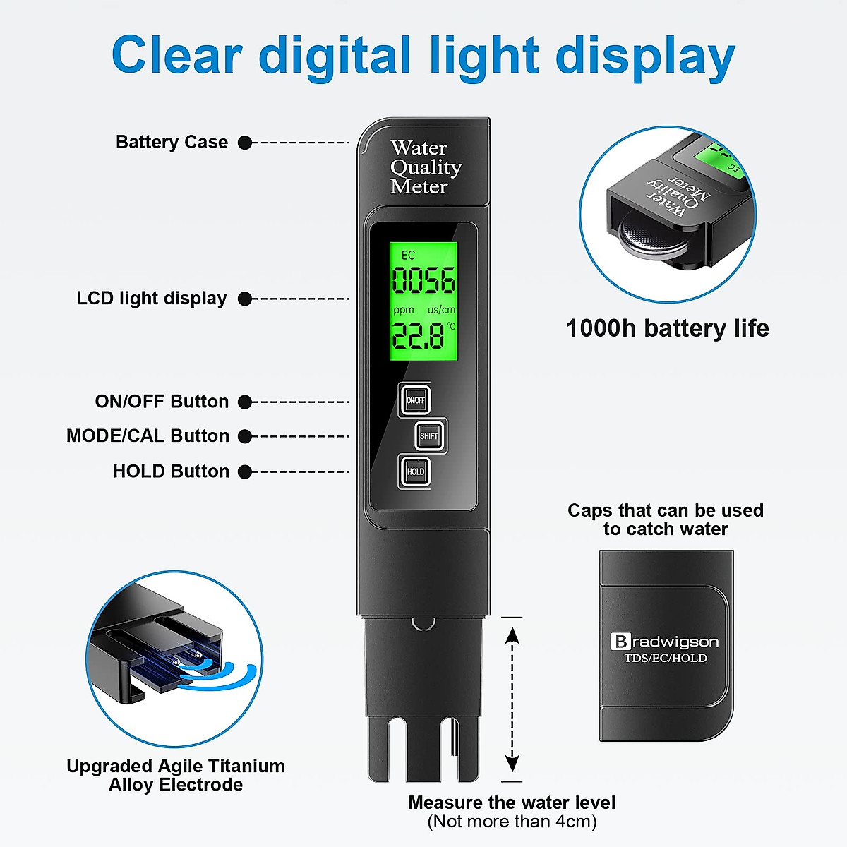 Water Quality Test Meter 4 in 1,TDS Thermometer,EC Digital Meter for Water Hydroponics,Accuracy ±2%,0-9999 ppm,LCD Backlight Display,Suitable for Domestic Water,Natatoria,Aquariums