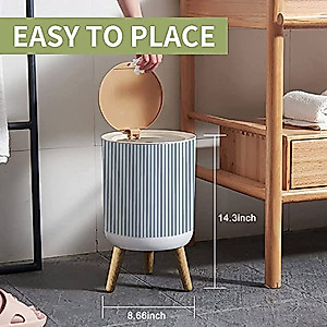 Small Trash Can with Lid Blue Seersucker Chambray Pinstripe Texture Classic Preppy Shirting Garbage Bin Wood Waste Bin Press Cover Round Wastebasket for Bathroom Bedroom Diaper Office Kitchen